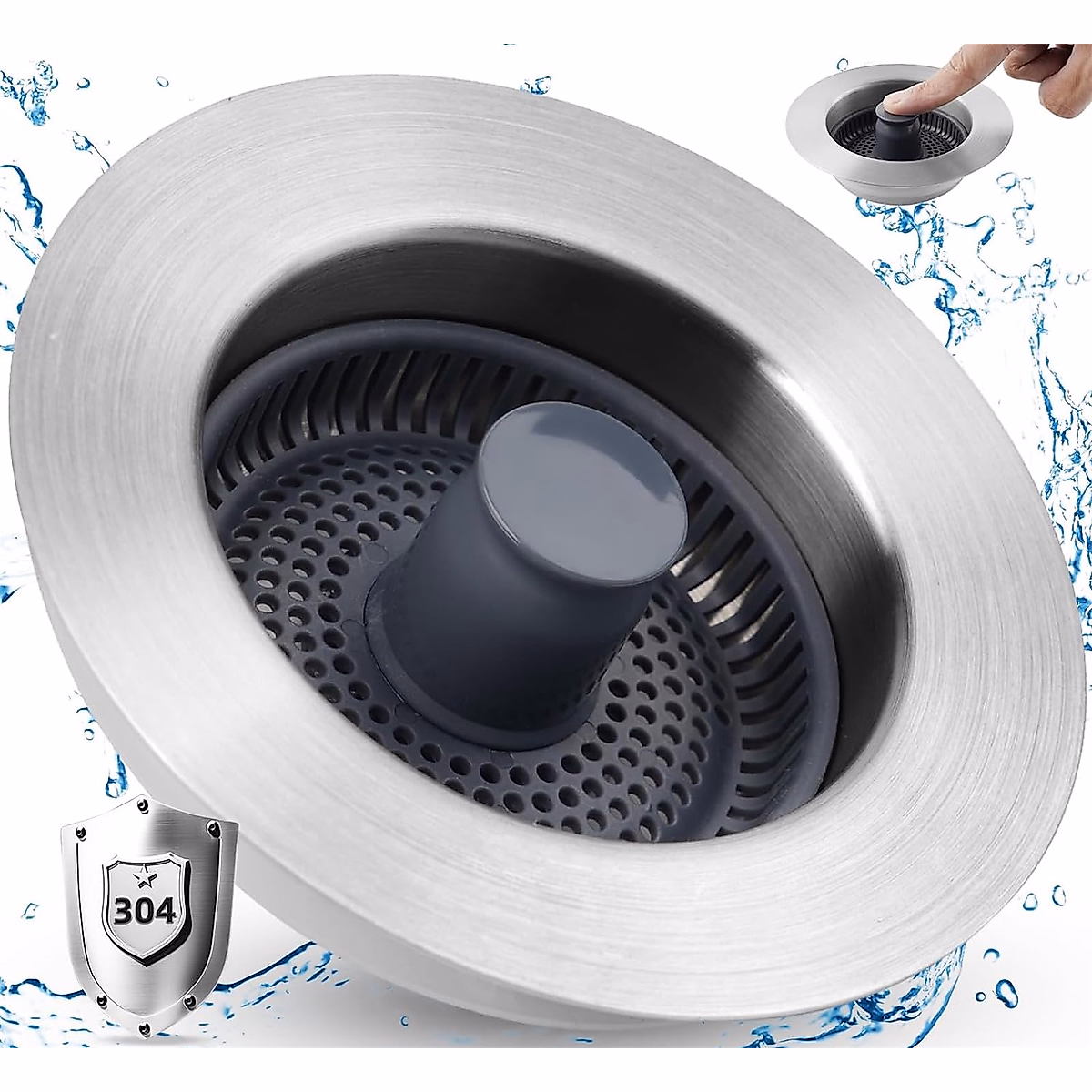 3 in 1 Universal Kitchen Sink Stopper Strainer, 304 Stainless Steel Pop Up Sink Drain Strainer with Handle Rod for US Standard 3-1/2 inch Drain Filter, Anti-Clog