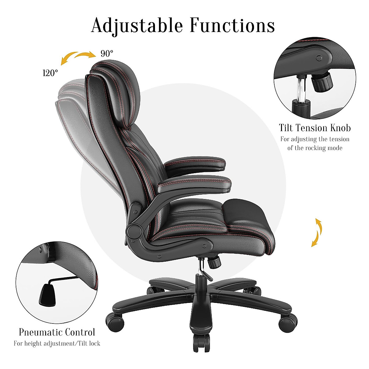 Executive Desk Chair, Sucrever Big and Tall Home Office Chairs for Heavy People 400lbs Wide Seat, High Back Large Executive Office Chair with Adjustable Flip up Arms, Black Leather Computer Desk Chair