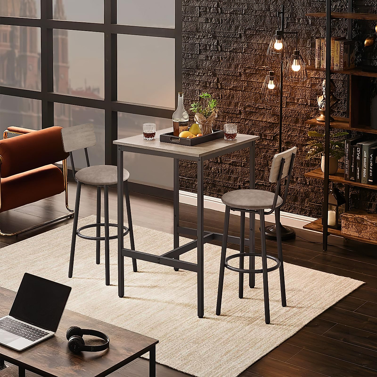 Noskatu 3-Piece Dining Table Set for 2, Modern Bar Table and Chairs Set for Small Space Kitchen Wooden Square Dinette Set with PU Padded Chairs Metal Frame for Apartment Breakfast Nook, Grey