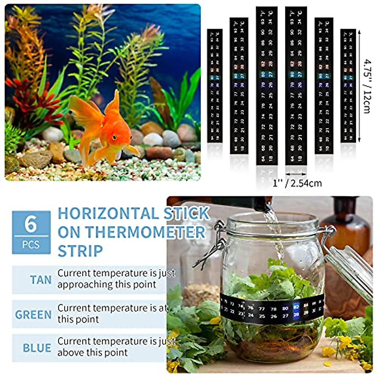 6 Pieces Horizontal Stick On Thermometer Strip Horizontal Thermometer Stickers Digital Temperature Display for Fermenting, Brewing, Wine, Beer, Kombucha Aquariums, 64-93°F (18-34°C) Adhesive Sticker