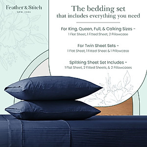 Feather & Stitch 500 TC Twin Size Damask Bed Sheet Set, 100% Cotton Soft Breathable Bedsheets, 3 Piece 18" Deep Pockets Sateen Weave Striped Bedding Mattress Resort Hotel Luxury- (Dark Blue, Twin)