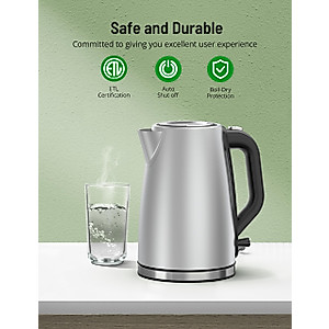 Electric Kettle, Paris Rhone 1.7L Electric Kettles for Boiling Water, Stainless Steel Hot Water Boiler Heater, BPA-Free, Auto Shutoff, Boil-Dry Protection, LED Indicator, Coffee and Tea, Silver