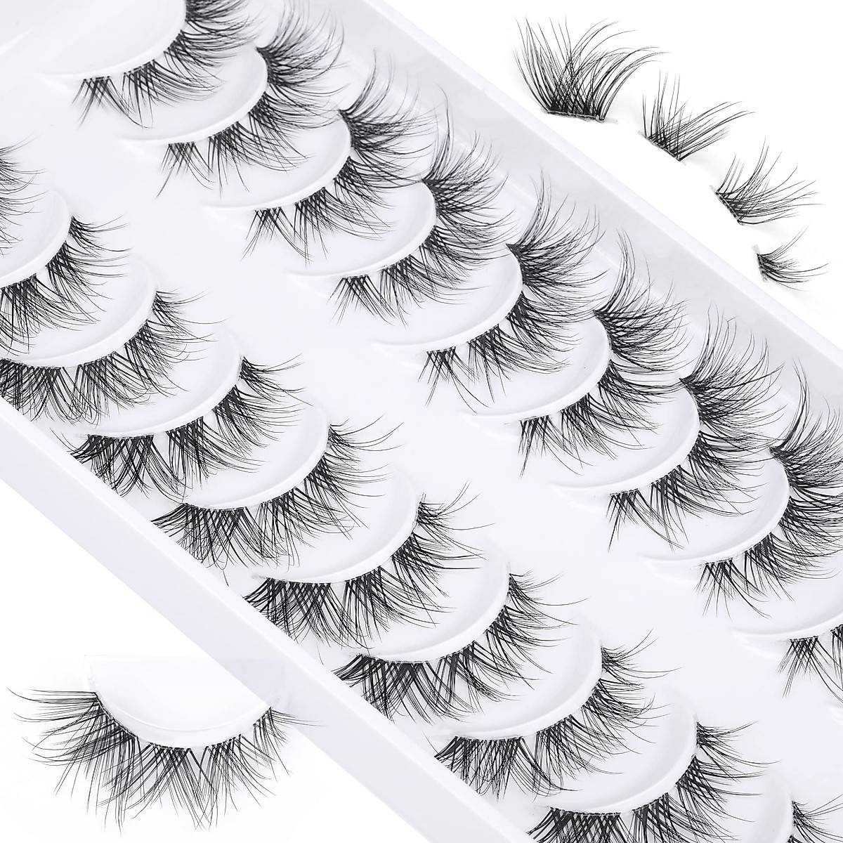 False Eyelashes Cluster Lashes Natural Look, Wispy Manga Eyelash Extensions Strip Cat Eye Lashes Pack with Clear Band Short Anime Korean Fake Eyelash 10 Pairs ALICROWN