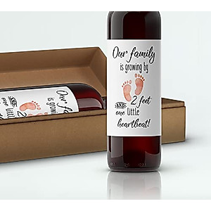 ● SET of 6 ● GENDER NEUTRAL Pregnancy Announcement Wine Labels - 2 Feet & 1 Little Heartbeat! Alternative to Pregnancy Announcement Cards, Pregnancy Reveal Wine Labels, Baby Feet, WATERPROOF, P100-6BF