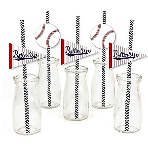 Big Dot of Happiness Batter Up - Baseball Paper Straw Decor - Baby Shower or Birthday Party Striped Decorative Straws - Set of 24