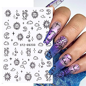 JMEOWIO 12 Sheets Moon Star Sun Nail Art Stickers Decals Self-Adhesive Pegatinas Uñas Black Nail Supplies Nail Art Design Decoration Accessories