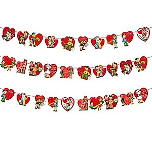 3Pcs Vintage Valentine's Day Decorations Retro Banner Hanging Valentine Heart Card Decor Garland With Ropes For Home Wall Fireplace Decor Anniversary Party Supplies, 30 Cards