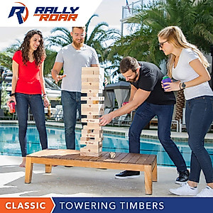 Rally and Roar Towering Timbers Giant Tumbling Timbers Game 2.5 feet Tall (Build to Over 5 feet) Classic Wood Version - for Adults, Family Stacking Blocks Set w/Canvas Bag