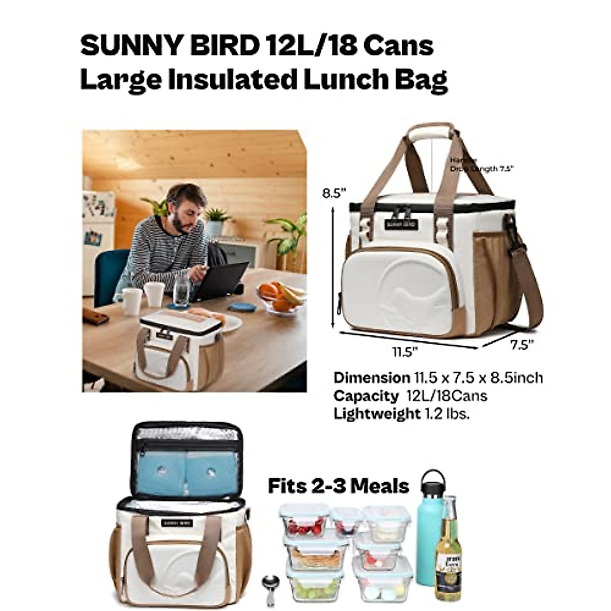 SUNNY BIRD 12L Large Insulated Lunch Bag, Leakproof and Foldable Lunch Cooler Box for Women Adult and Men, Fits 18 Cans (Ivory White 01)