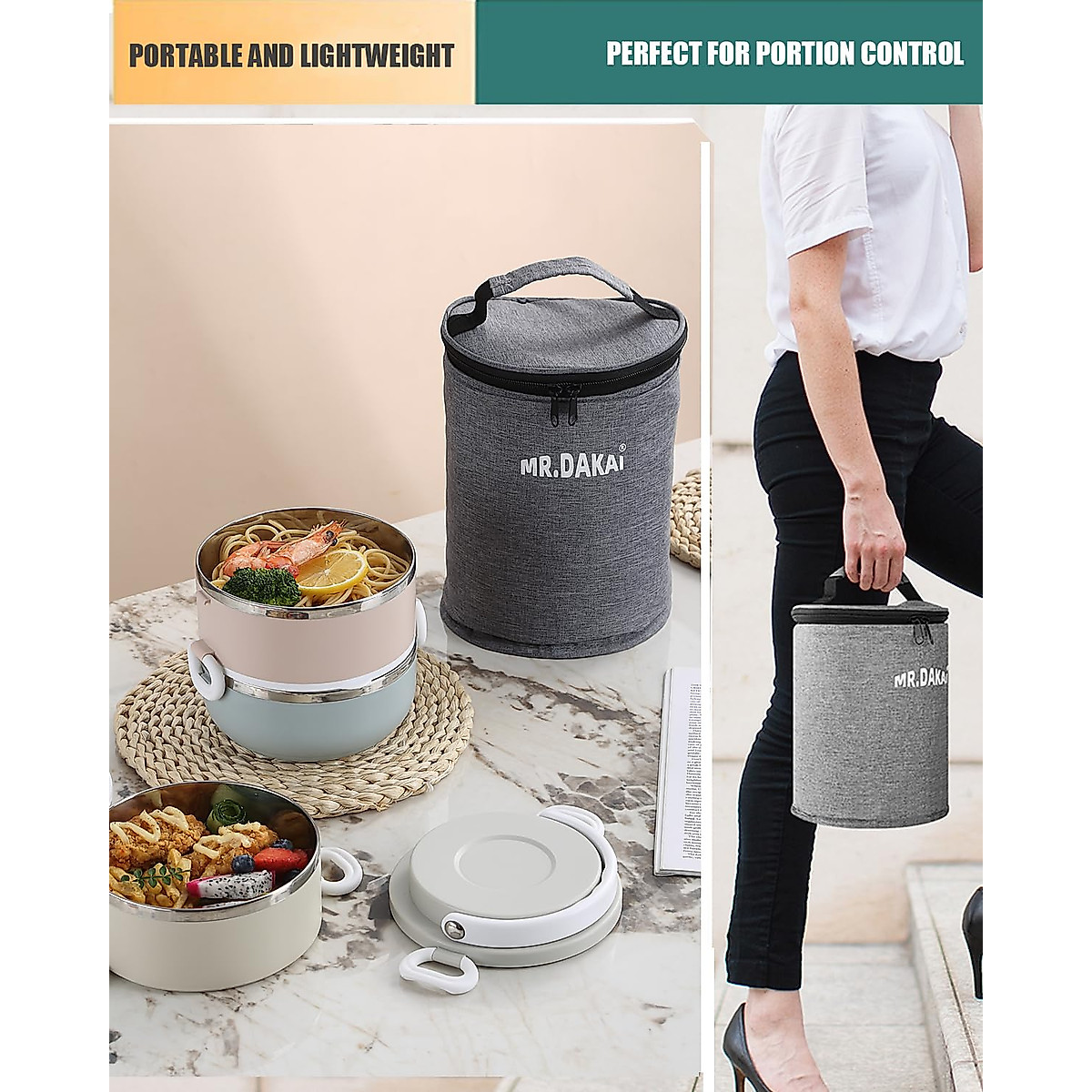 Bento Box Adult Lunch Box with Insulated Bag Spoon Fork, Stainless Steel Thermal Food Container 3-Tier Stackable Lunch Box for Adults Teens, Leak-proof Salad Snack Boxes for Work, School- Rainbow