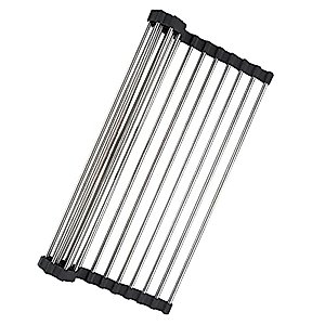 Roll Up Dish Drying Rack Over The Sink Dish Rack Kitchen Rolling Dish Drainer Over Sink, Foldable Sink Rack Mat Stainless Steel Wire Dish Drying Rack for Kitchen Sink Counter, Black (17.5''x11.8'')
