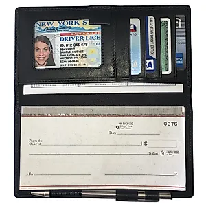 Black RFID Leather Checkbook Cover With Credit Card Slots and Pen Holder