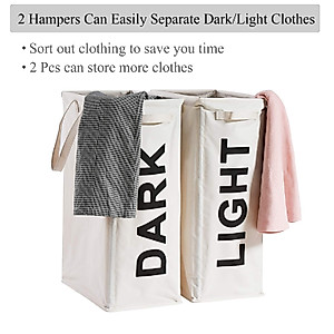 Haundry 2 Pack Light and Dark Laundry Hamper with Extended Handles, 2Pcs/Set Tall and Slim Separator Laundry Baskets, Large Foldable Laundry Organizer for Clothes, Beige