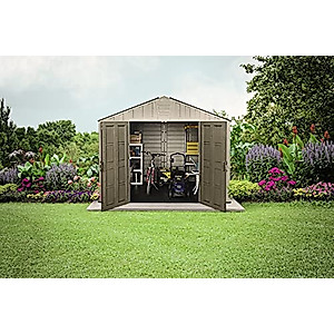 Keter Stronghold 10x8 Large Resin Outdoor Shed for Patio Furniture, Lawn Mower, and Bike Storage, Taupe
