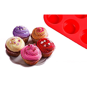 Mini Muffin &Cupcake Set, 24 Cups 2-Pieces, Nonstick Silicone Baking Pan, BPA Free and Dishwasher Safe, Great for Making Muffin Cakes, Tart, Bread (24 Cups Red,2 PCS)