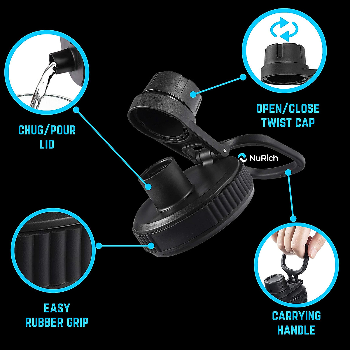 NuRich Hydraflow Wide Mouth Spout Twist Chug Nalgene Replacement Lid or Cap, Compatible with Nalgene 32 oz Wide Mouth Lid, Hydroflask & Many More Top Water Bottle Brands Sizes 12 16 18 20 32 40 64 Oz