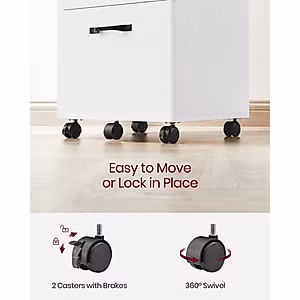 VASAGLE 2-Drawer File Cabinet, Filing Cabinet for Home Office, Small Rolling File Cabinet, Printer Stand, for A4, Letter-Size Files, Hanging File Folders, Modern Style, White UOFC040W46