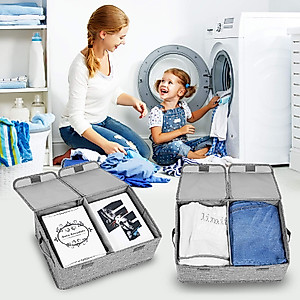 Holulo 2 Pack Fabric Storage Boxes with Removable Divider ,Collapsible Cotton Linen Storage Bins Organizer Containers Baskets Cube with Lids and Handles for Clothes Books Toys Closet Shelves Organiser, Grey