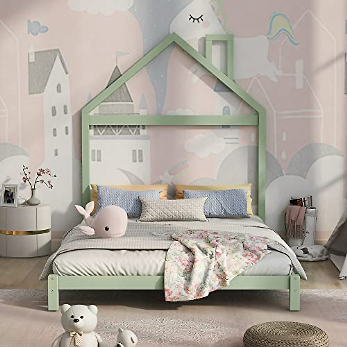 BIADNBZ Full Size Platform Bed Frame with House-Shaped Headboard for Kids Boys Girls Bedroom, Wooden Slats Support, No Box Spring Needed, Green