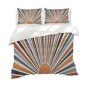 Reateforin Boho Colorful Sunrise Duvet Cover Set King Size Boho Abstract Mid Century Orange Comforter Cover Minimalist Art Lightweight Soft Bedding Set 3 Pcs Breathable Bedding Set with 2 Pillowcase