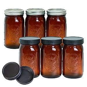 Jumterlee 6 Pack 32 oz Amber Mason Jars, Wide Mouth Mason Jars with Lids and Bands and 6 Black Plastic Mason Jar Lids, Amber Glass Mason Jars