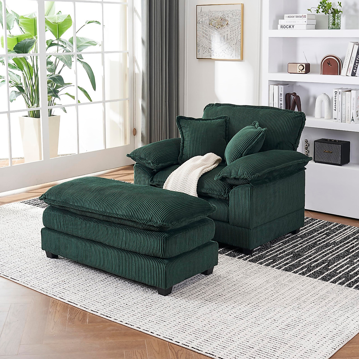 Eafurn Corduroy Upholstered Accent Chair with Movable Ottoman,Comfy Padded Oversized Single Sofa Couch Deep Seat Lounge Armchair w/Detachable Armrest Throw Pillows for Living Room Bedroom Office