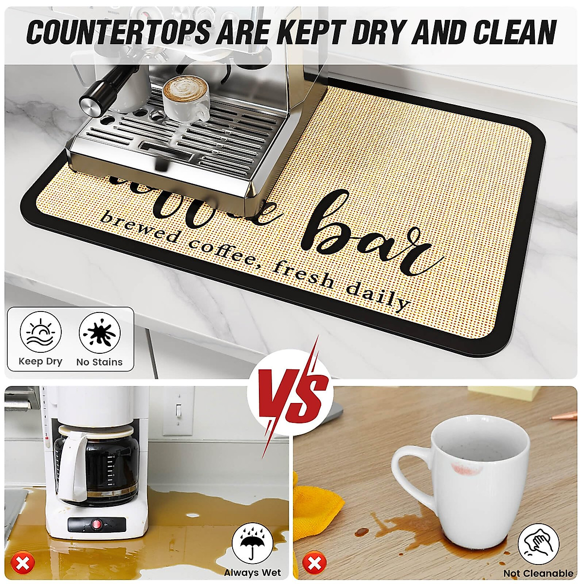 DK177 Coffee Mat Coffee Bar Mat Hide Stain Absorbent Drying Mat with Waterproof Rubber Backing Fit Under Coffee Maker Coffee Machine Coffee Pot Espresso Machine Coffee Bar Accessories-19"x12"