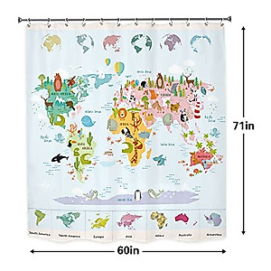 LGhtyro Kid Animal World Map Shower Curtain Bathroom Set 60Wx71H Inches Educational Funny Cartoon Wildlife Learning Tools Geography Bath Accessories for Boy Girl Art Home Decor Fabric 12 Pack Hooks