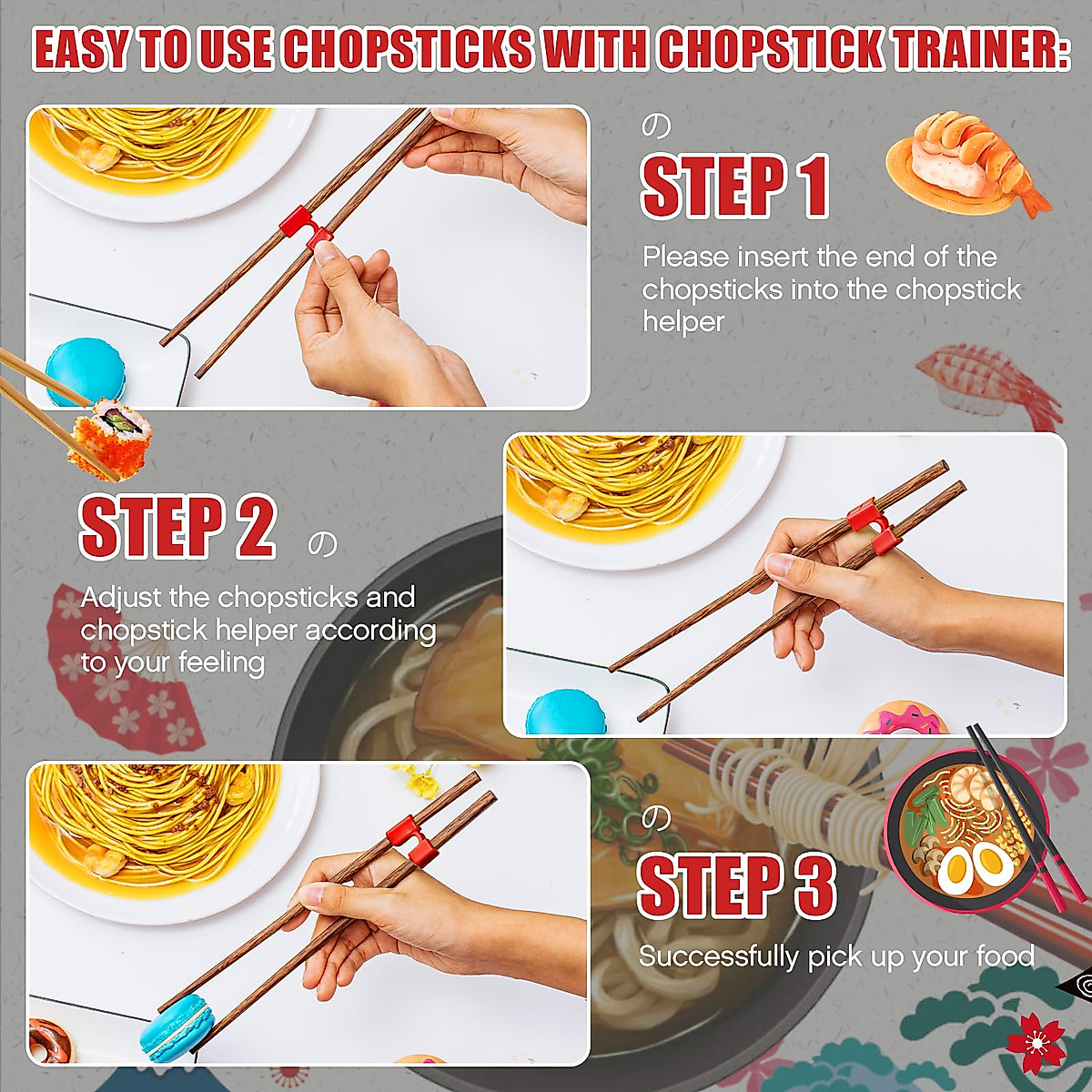 Suttmin 200 Pcs Reusable Chopsticks Helper Multicolor Training Chopsticks Hinges Connector Plastic Practice Chopstick Trainer Chinese Chop Stick Helper for Adult Learner Beginner (Red, Black)