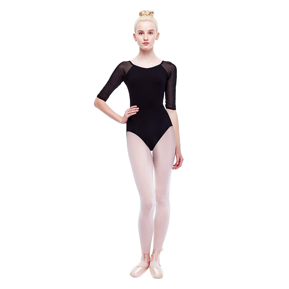 Cuulrite Black Ballet Dance Leotards for Women, Yoga Gymnastic Leotard Stretch Mesh Splice 34 Sleeve,Small