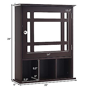 DORTALA Bathroom Wall Storage Cabinet, Mirror Cabinet Organizer, Wooden Hanging Medicine Cabinet Organizer w/Adjustable Shelf & 3 Open Compartments, Brown