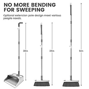 Upgraded Broom with Dustpan Combo Set,Aluminum Dustpan Lip,51” Long Handle,Transparent Window,Ideal for Sweeping Indoor Outdoor Kitchen Household Cleaning (White)