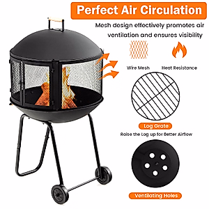 ORALNER Portable Fire Pit on Wheels, 27” Outdoor Wood Burning Firepit Cage w/Spark Screen Cover, Log Grate, Fire Poker, Steel Patio Firepit w/BBQ Grill for Outside Camping, Picnic, Backyard Bonfire