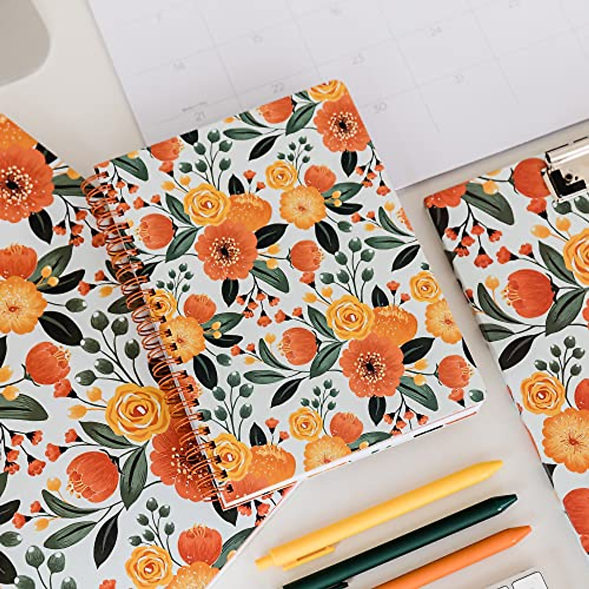 Steel Mill & Co Cute Mini Spiral Notebook, 8.25" x 6.25" Journal with Durable Hardcover and 160 Lined Pages, Orange Floral
