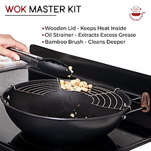 Küchenmeister 12.5-Inch Carbon Steel Wok Pan with Lid, Brush, Oil Strainer - Flat Bottom Woks & Stir Fry Pans Nonstick for Induction, Electric, Gas, Halogen Stoves