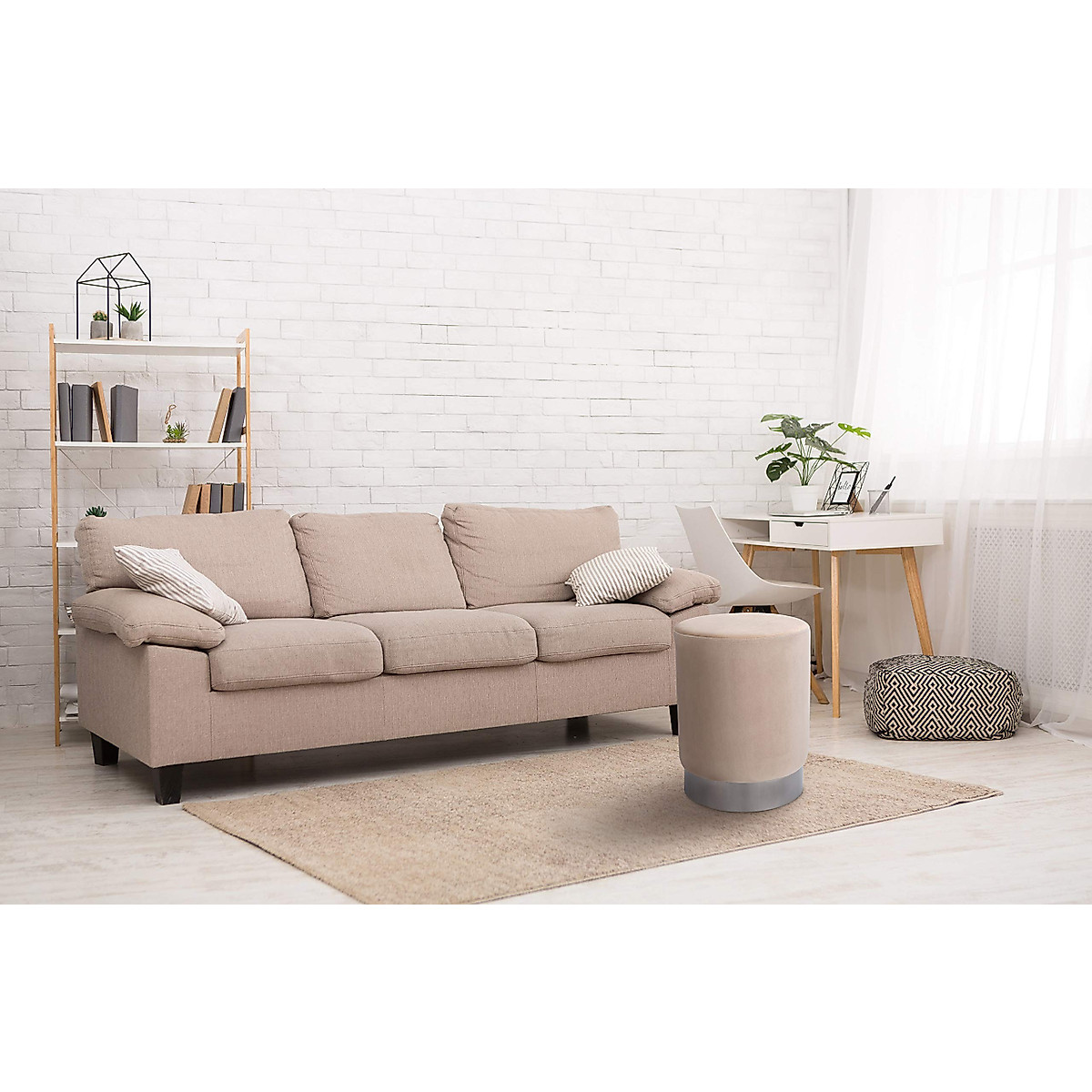 BIRDROCK HOME Round Taupe Velvet Ottoman Foot Stool – Soft Compact Padded Vanity Stool - Great for The Living Room, Bedroom and Kids Room - Small Furniture (Taupe)