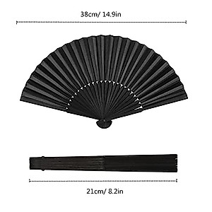 Minelife 2 Pack Bamboo Silk Folding Fan Handheld, Chinese Vintage Retro Fabric Fans, Black Hand Fan for Performance, Dance, Fighting, Wedding, Church, Party & Gift