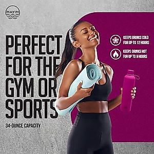 Mayim The Dome Insulated Stainless-Steel Water Bottle with Screw-Top Lid, Matte Metal Sports Water Bottle, 34 Ounces, Hot Pink