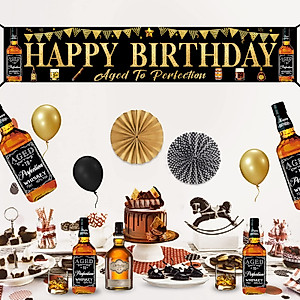 Whiskey Birthday Banner Decorations for Men, Large Black Gold Aged to Perfection Birthday Yard Banner Sign Party Supplies, Whiskey Themed Happy Birthday Photo Booth Props Decor for Indoor Outdoor