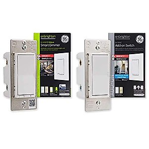 GE Enbrighten Z-Wave Plus Smart Light Dimmer, White & Light Almond, 46203 & Enbrighten Add-On Switch with QuickFit and SimpleWire, White & Light Almond, 46199