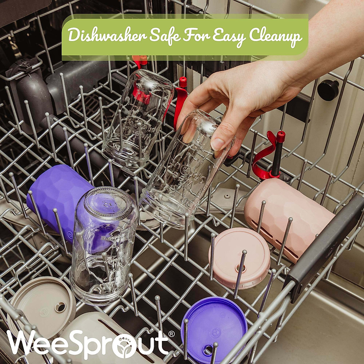 WeeSprout Glass Cups With Lids & Straws, Spill-resistant Cups for Toddlers & Kids, Triple as Toddler Cups, Baby Food Storage & Snack Jars, XL Silicone Straws, Easy-grip Sleeves, Set of four 12 oz jars