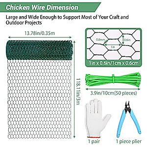 Chicken Wire Fence for Craft,13.78 x 118 Inch Lightweight Galvanized Hexagonal Chicken Wire Netting, Chicken Wire Mesh for Garden Poultry, Floral Chicken Wire Fencing with Gloves, Wire Ties and Plier