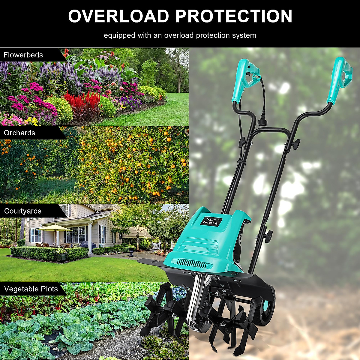 IncwBo Tiller Cultivator 17 inch 15 Amp 6 Steel Tines Tillers for Gardening Electric Rototiller for Garden Yard