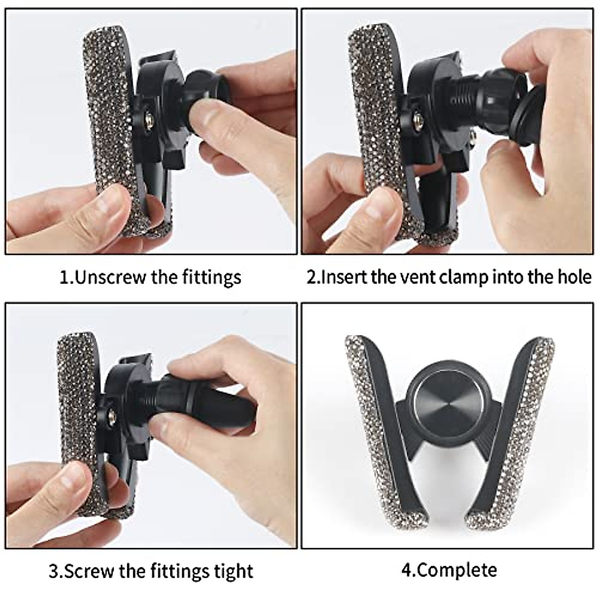 Amiss Bling Cell Phone Holder, Universal 360°Adjustable Car Phone Mount with One More Air Vent Base, Crystal Car Interior Decoration, for Dashboard and Air Vent - Grey