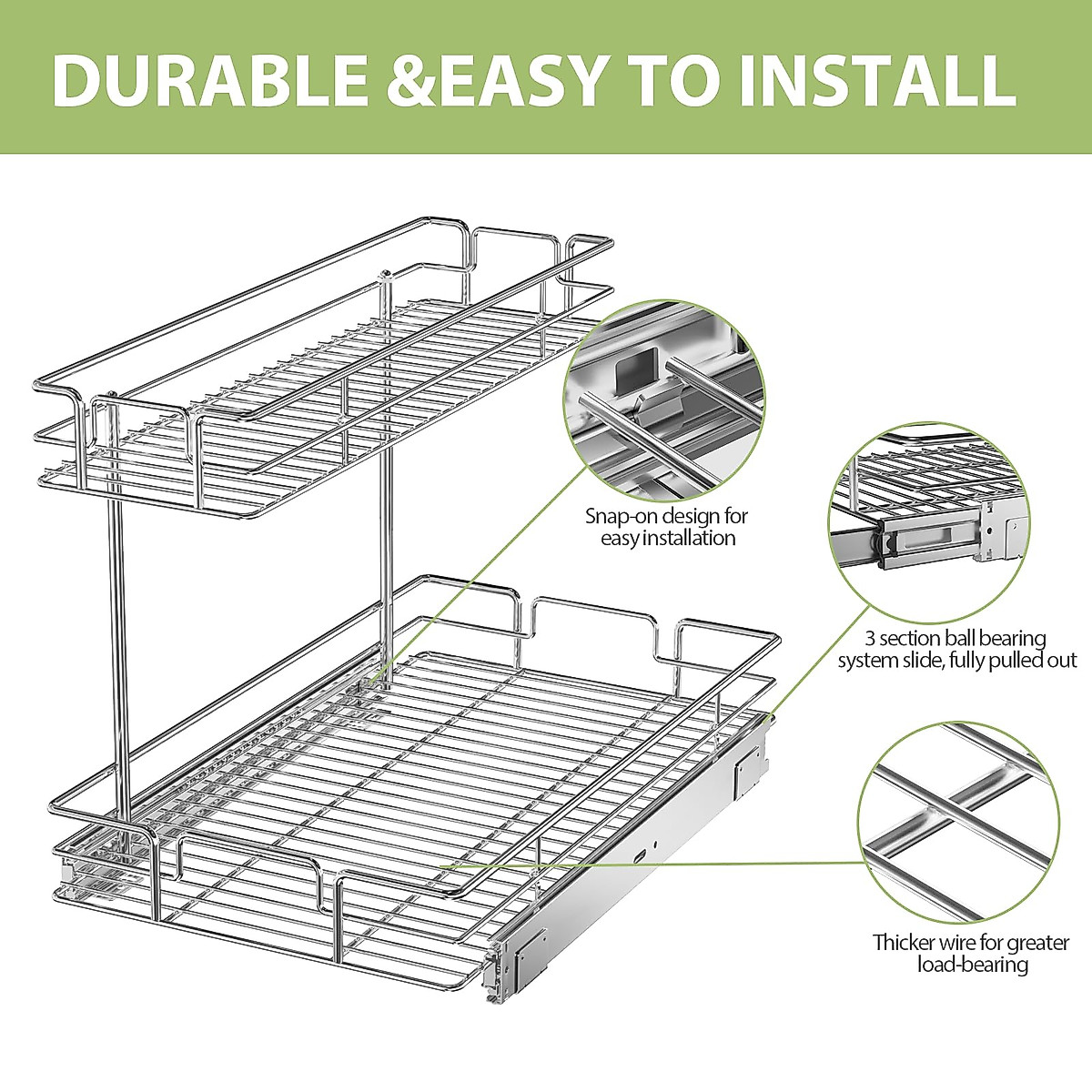 LOVMOR 2 Tier Pull Out Cabinet Organizer 13.5" W x 21.5" D Slide Out Under Sink Organizer Sliding Wire Shelves Storage for Kitchen Bathroom Cabinets