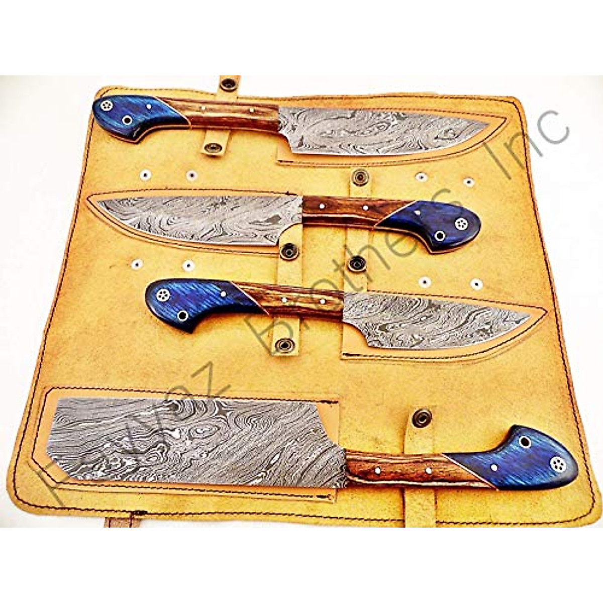 Custom Hand Made Damascus Steel Kitchen Knives Set/Chef Knives Set/BBQ Knife 4-Pieces Set FBK-01041, 01043, 01052, 01055, 01058, 01062 and 01063 (Cognac and Blue Colored Wood)