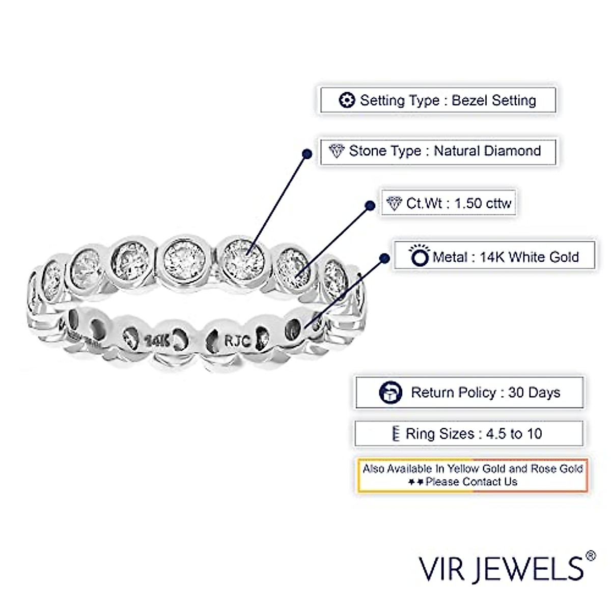 VIR JEWELS 1.50 cttw Diamond Eternity Ring for Women, Wedding Band in 14K White Gold Bezel Set, Size 7