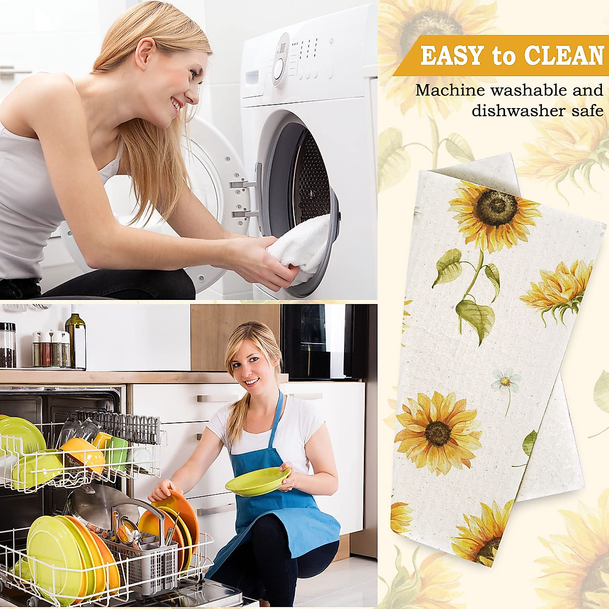 Whaline Sunflower Swedish Kitchen Dishcloth Watercolor Spring Summer Flower Cotton Kitchen Towel Floral Absorbent Dishcloth for Party Home Housewarming Cleaning Counter Wipes, 7 x 8 Inch, 4Pcs