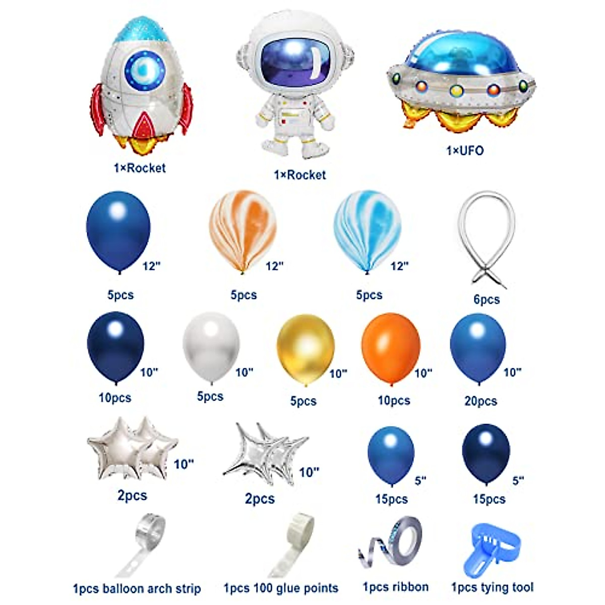 Ouddy Party 112PCS Outer Space Party Decorations Balloon Garland Kit, Space Birthday Party Supplies UFO Rocket Astronaut Navy Blue Silver Foil Latex Balloons for Boys Kids