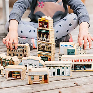 THE FRECKLED FROG My Little Town - Set of 20 - Ages 1+ - Wooden Blocks for Toddlers - Includes Bakery, Hospital, Supermarket and More - Double-Sided